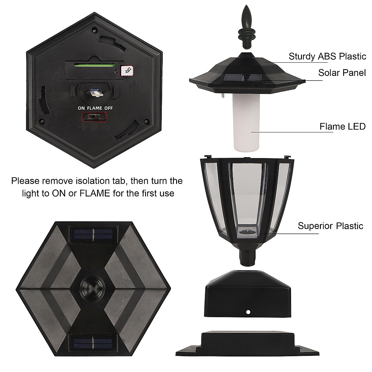 Dynaming Solar Flame Post Lights Outdoor, Solar Powered Lamps Fence Post Cap Lights, Flickering Flame LED Lantern Decorative Waterproof for Garden Deck Patio, Fit 4x4, 5x5 or 6x6 Wooden Posts, 2 Pack