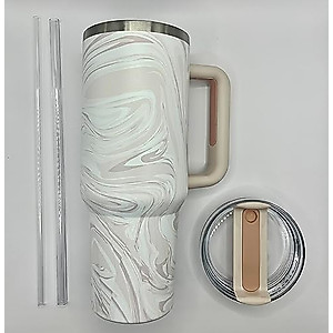Thirst Trap Drinkware 40 OZ Swirl Tumbler with handle, 2.0 lid and straw, stainless steel travel mug for cold & warm drinks (Rose Quartz Swirl)