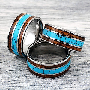 King's Cross Magnificent X-Wide 10mm Mirror Polished Silver Tungsten Carbide Band Ring w/Blue Turquoise Inlay Between 2 Koa Wood Inlays. (Tungsten (10mm), 9)