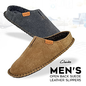 Clarks Mens Open Back Suede Leather Slipper With Heavy Stitching - Plush Sherpa Lining - Indoor Outdoor House Slippers For Men (11 M US, Tan)
