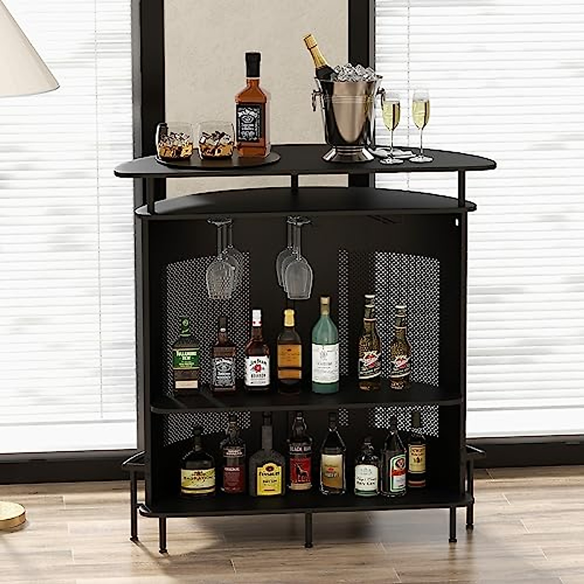 Giantex 4-Tier Home Bar Unit - Bar Cabinet with Storage Shelves, 3 Stemware Holders, Curved Countertop, Perforated Metal Front, Footrest, Mini Bars for Home, Kitchen, Living Room, Pub, Black
