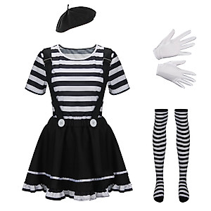 SOLOTIMES Adult Women French Mime Costume Outfit Girls Paris Artist Halloween Cosplay Shirt Dress Beret Socks Gloves Suit Set (Large)