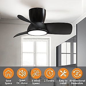 slochi Quiet Ceiling Fans with Lights and Remote, Low Profile Outdoor Ceiling Fans for Patios with Light, 32 inch Black Ceiling Fan with Light Flush Mount for Outdoor Bedroom Patio