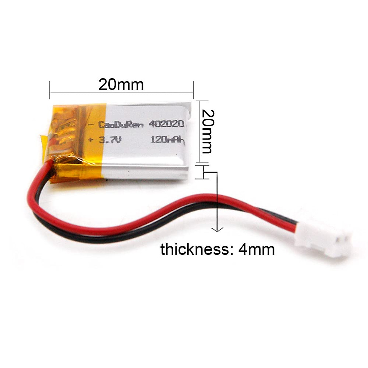 CaoDuRen MSDS Verified Part Number: 402020, Rechargeable 3.7V 120mAh Li Lipo Lithium Polymer Ion Battery Pack with 2 Pin 2.0mm JST Connector