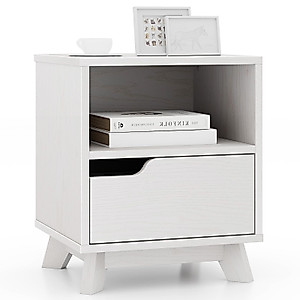 Giantex 2 Tier Nightstand, Mid Century Modern Bedside Table with Storage Drawer & Open Shelf, Wood Night Stand for Small Spaces, Minimalist Side End Table for Bedroom, Distressed White