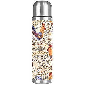 Seamless Art Cock Rooster Stainless Steel Water Bottle, Leak-Proof Travel Thermos Mug, Double Walled Vacuum Insulated Flask 17 OZ