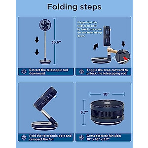 Primevolve 10 inch Oscillating Fan, Battery Operated Fan Adjustable Height, USB Rechargeable Home Office Outdoor Camping Tent Travel, Navy