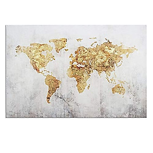 Kas Home Art Vintage Large Gold Foil World Map Wall Art Painting Pictures Print on Canvas Art the Picture for Home Modern Decoration Office Wall Decor (24 x 36 Inch, B Framed)