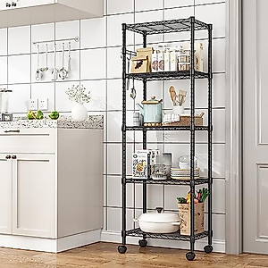Homdox 5 Tier Wire Shelving Unit on Wheels, Adjustable Storage Racks and Shelving, Heavy Duty Rolling Metal Shelves with Side Hooks for Laundry Bathroom Kitchen Garage Pantry Organization, Black