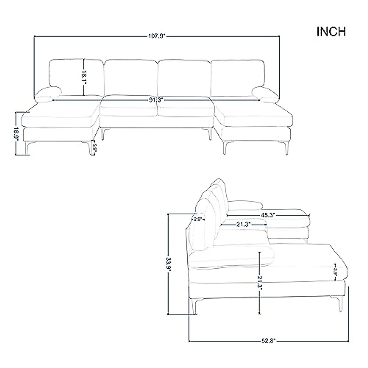 OMMGG 107.9” U Shaped Sectional Sofa with Double Extra Wide Chaise, Seat Cushions & Removable Back, for Living Room, Office, Apartment