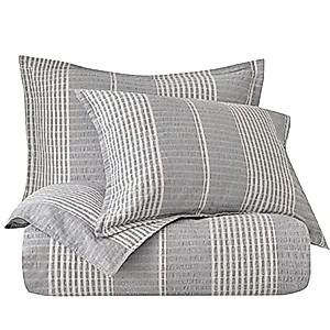 HiEnd Accents Lane 3 Piece Duvet Cover Set with Pillow Shams, Gray and White Stripe Seersucker Pattern, Super Queen Size, Modern Casual Traditional Style Luxury Bedding Set, 1 Duvet and 2 Pillowcases