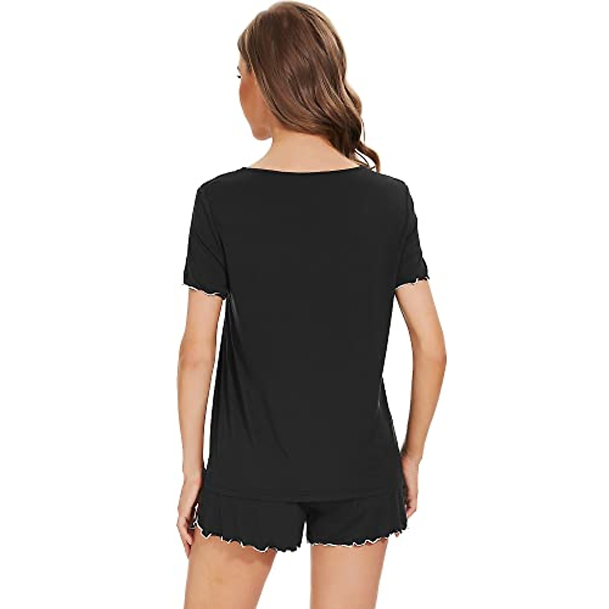 WiWi Bamboo Viscose Pajamas for Women Soft Summer Pajama Short Sets Ruffle Seams Sleepwear Comfy Pleated Pj Set S-XXL, Black, X-Large