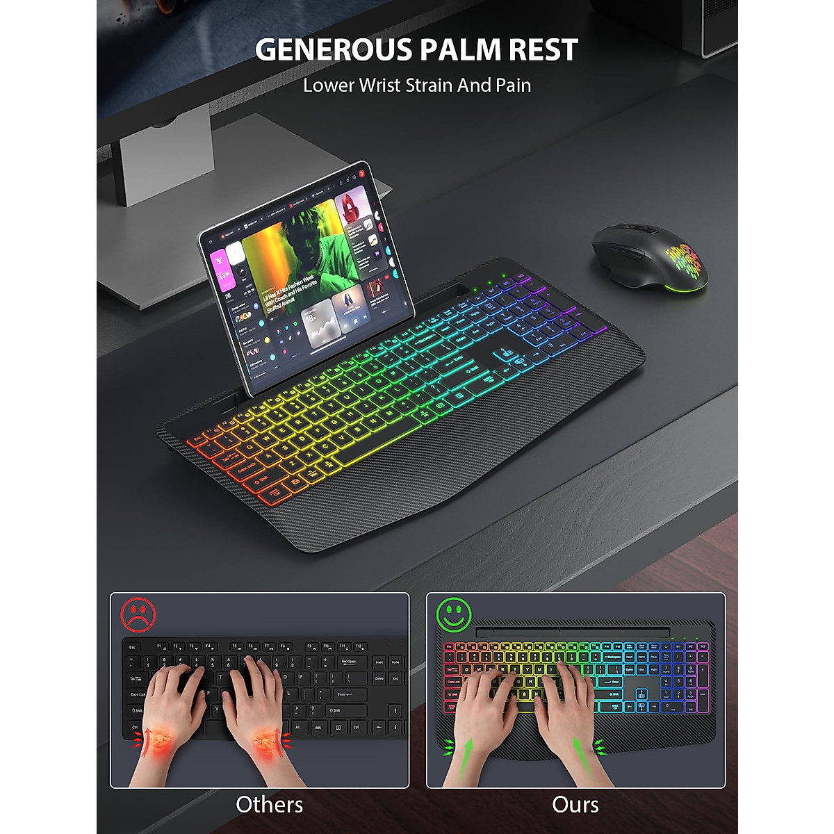 Wireless Keyboard and Mouse with 9 Colored Backlit, Wrist Rest, Jiggler Mouse, Rechargeable Silent Ergonomic Light Up Keyboard Mouse Combo with Phone Holder for Windows, Mac, PC, Laptop