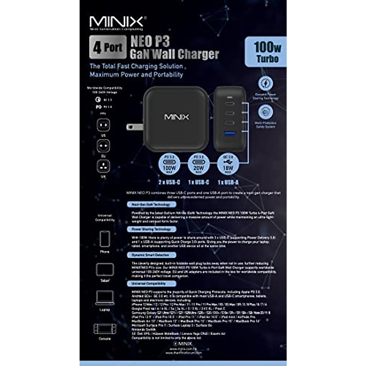 MINIX NEO P3 100W Turbo 4-Ports GaN Wall Charger, 3 x USB-C Port Fast Charging Adapter(Max 100W/20W), 1 USB-A (Max 18W). Compatible with MacBook Pro Air, iPad Pro, iPhone 13,12,Galaxy S9 and More.