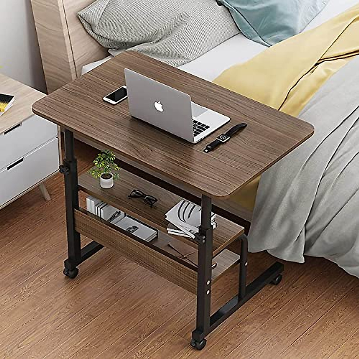 Adjustable Table Student Computer Desk Portable Home Office Furniture Small Spaces Sofa Bedroom Bedside Learn Play Game Desk on Wheels Movable with Storage Size 31.5 * 15.7 Inch Brown
