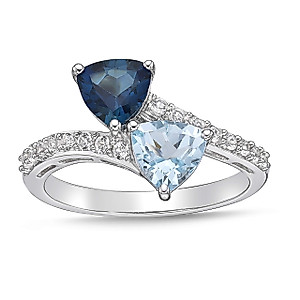 .925 Sterling Silver, Trillion Cut Swiss Blue Topaz and London Blue Topaz & Lab Grown White Sapphire Tonal Bypass Style Engagement Ring - Size 6