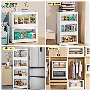 wookon Collapsible Storage Bin with Lid,27Gal/108QT Stackable Storage Bins with Door,Blanket Storage,Clear Storage Bins with Lids,Storage Shelves,Cube Storage Organizer,Bedroom Organization (3 Pack)