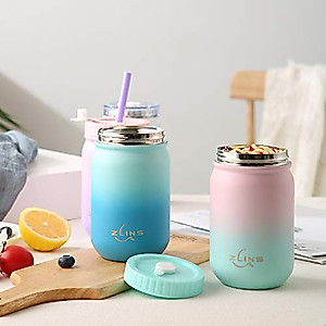 ZLINS Insulated Cup with Straw and Lid with Ice Cube Tray, Iced Coffee Drinking Mug, Reusable Stainless Steel Travel Tumbler, Double Wall Vacuum for Smoothie 14 OZ(Blue/Pink Set)