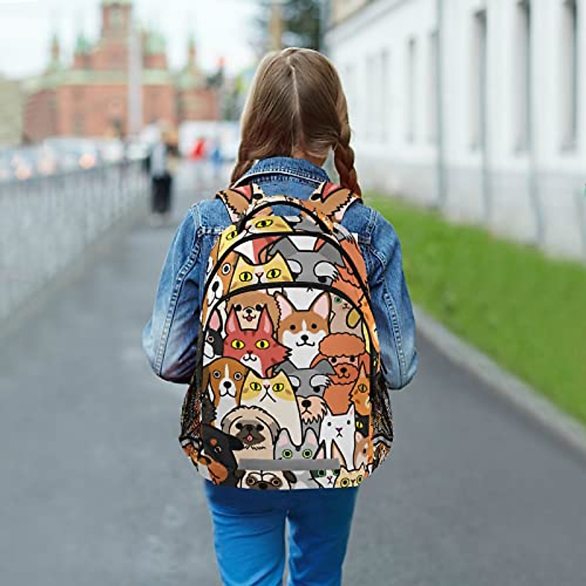 ALAZA Cute Doodle Dog Cat Backpacks for Girls Boys Kids School Book Bags 3rd 4th 5th Grade Laptop Casual Daypack Travel Shoulder Bag with Chest Strap