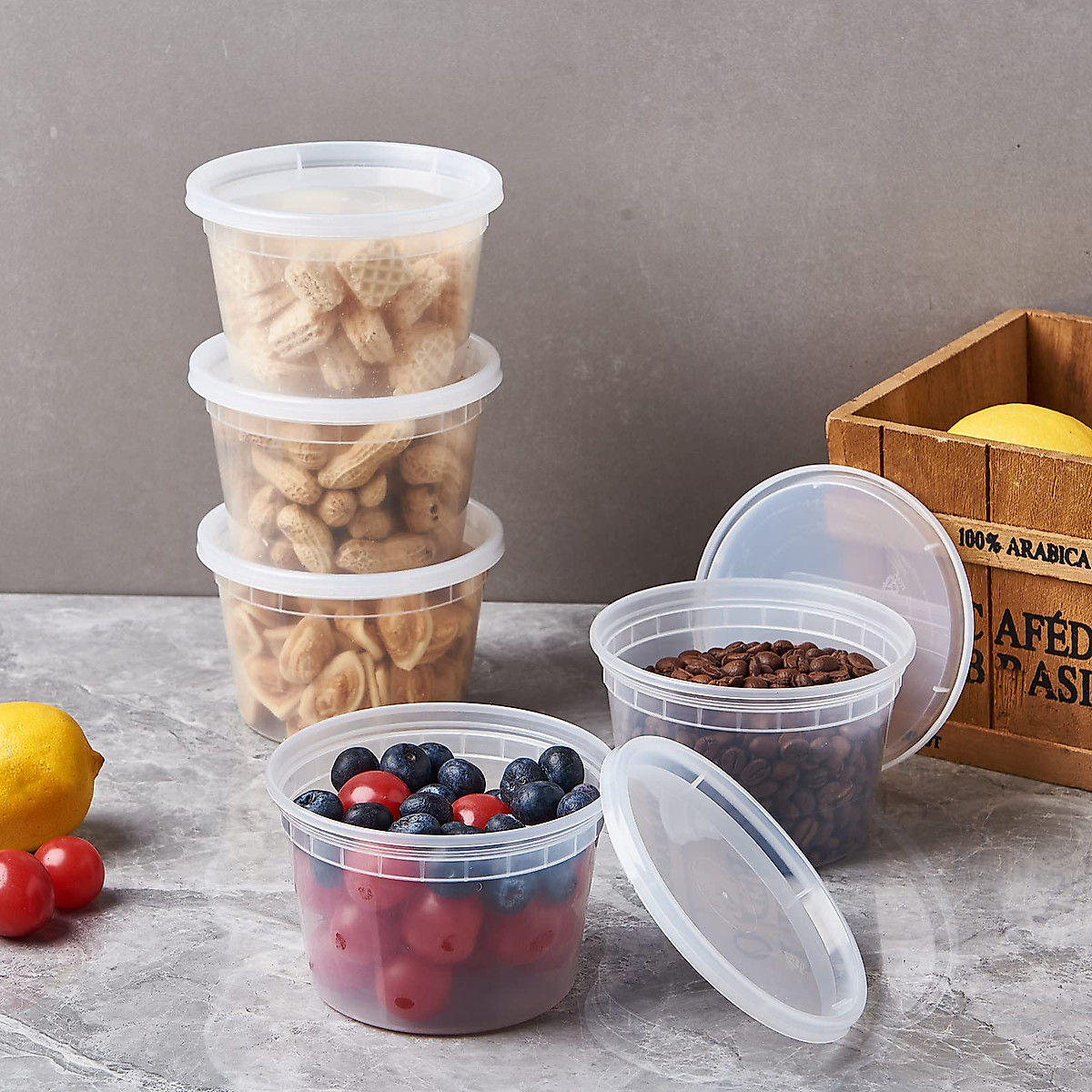 [48pack 16oz]FULING Plastic Containers With Lids Deli Disposable Food Storage Takeout Containers Airtight BPA-Free Leakproof Round Bowls for Soup Salad Restaurant Supplies With Clear Lids