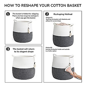 Goodpick Cute Round Storage Basket, Baby Nursery Hamper for Blankets, Clothes, Toys, Woven Rope Basket for Living Room, Decor, Toy Bin, Grey, 17.71 x 14.9 inches