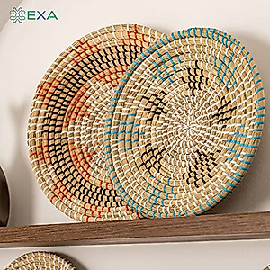 EXA Set of 6 Woven Wall Basket Fire Tribe Decor - Boho Farmhouse Rustic Coastal Room Style - for Thanksgiving Christmas Hanging Wall Art, Gift Idea, Table Settings - Handmade, Round, Natural Seagrass