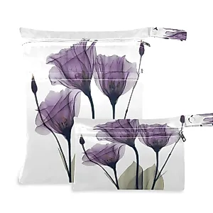 Purple Tulip Flower Wet Dry Bags Tulip Waterproof Baby Cloth Diaper Bags with Two Zippered Pockets Beach Travel Bag for Swimsuit&Wet Cloth 2pcs