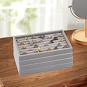 Tasybox Velvet Jewelry Trays Organizer for Drawers, Small Stackable Jewelry Display Tray for Ring Earring Bangle Bracelet Necklace, Set of 4, Gray