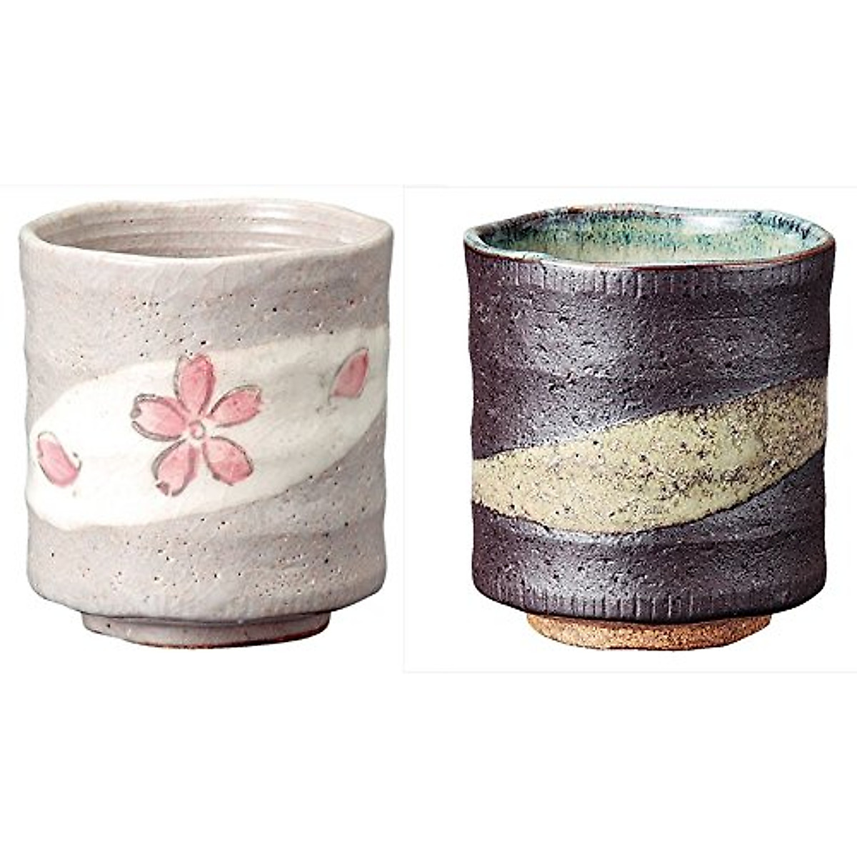 Japanese Tea Cups Sushi Yunomi 11 Fluid Onces Brown and Flower Motif Beautiful Pattern Set of 2