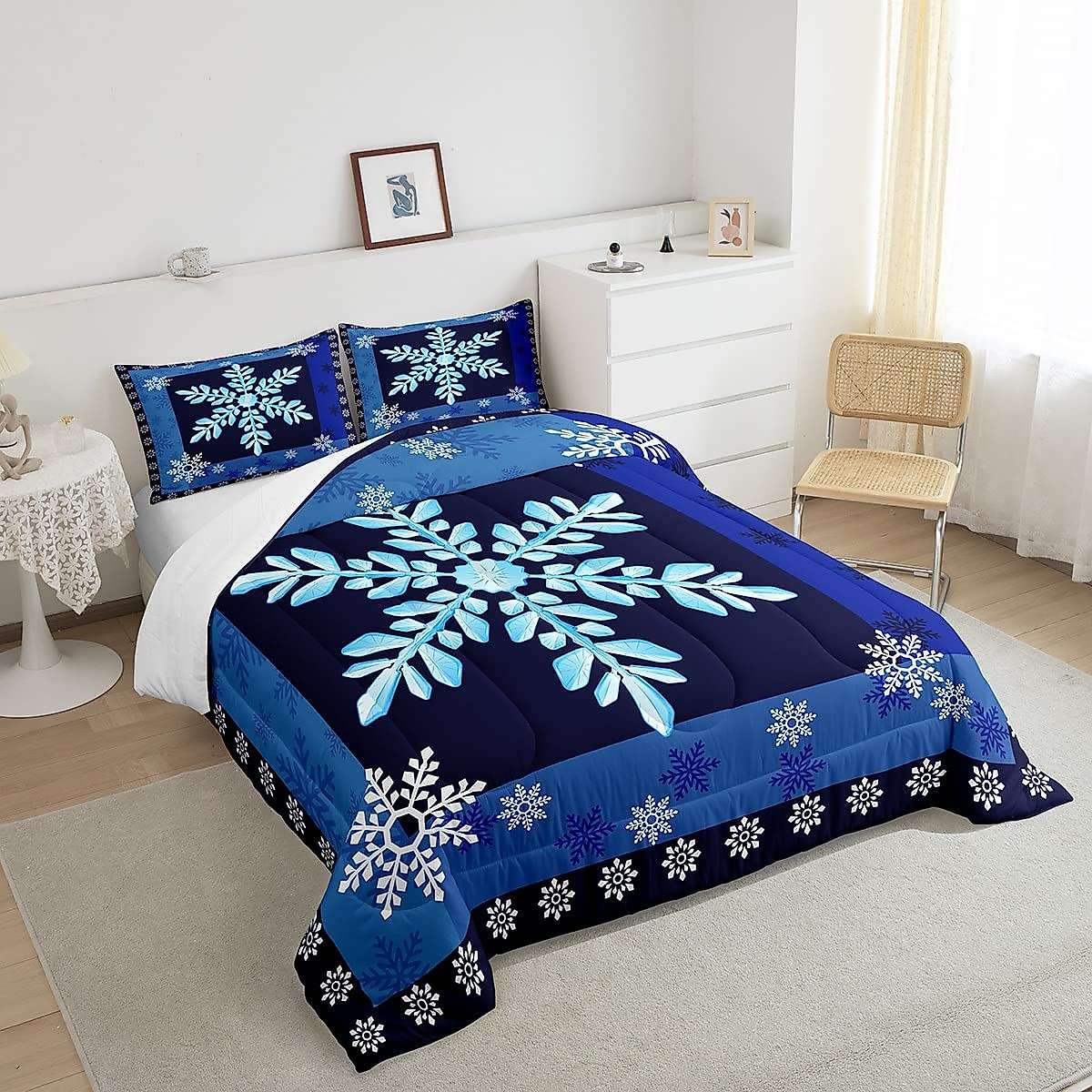 Castle Fairy Snowflake Art Comforter Set Queen Size,Geometric Snowflake Bedding Set for Kids Boys Girls Bedroom Decoration,Navy and Blue Bed Duvet Insert,Winter Theme Comforter with 2 Pillowcase