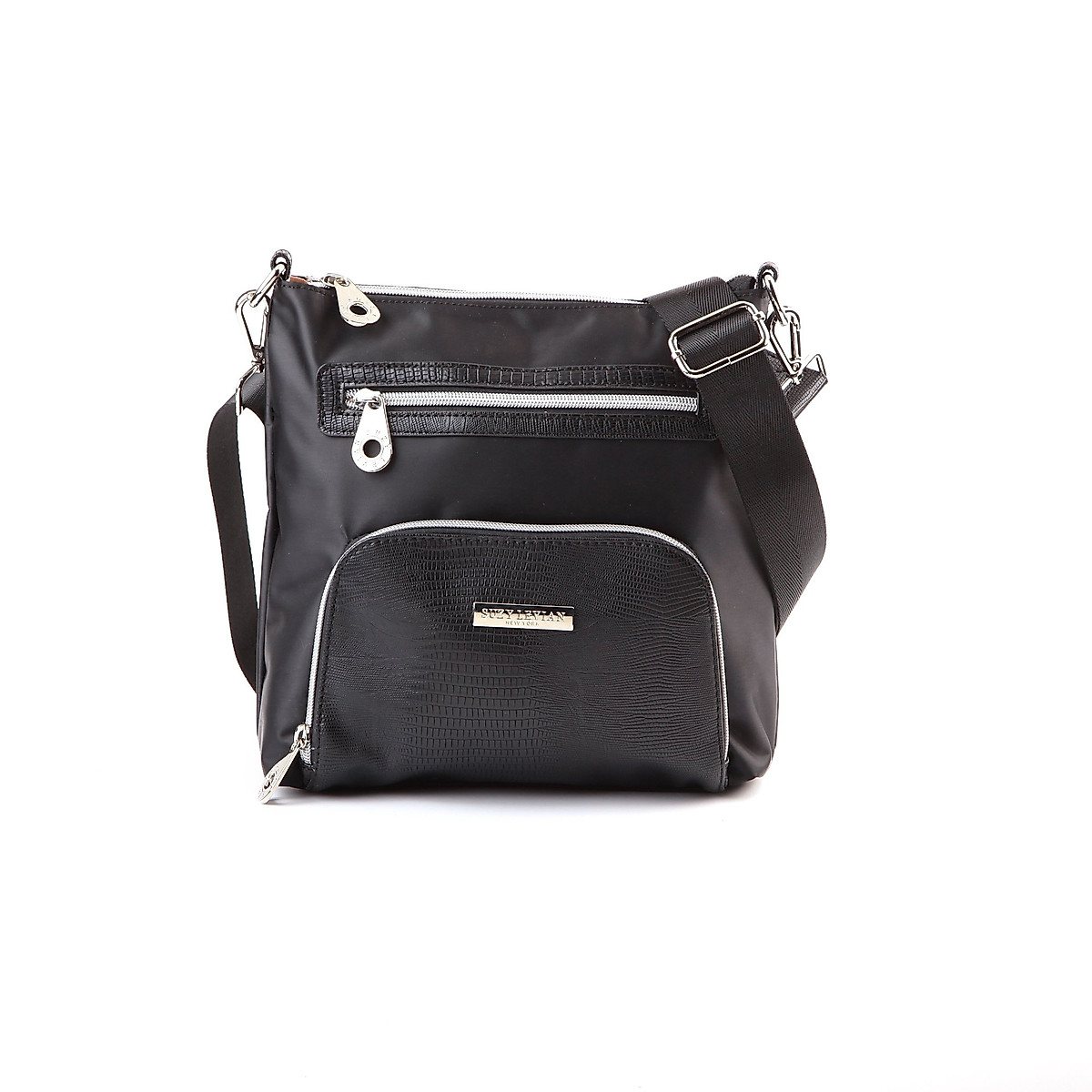 Suzy Levian Black Nylon Faux Crocodile Front Pocket Crossbody Handbag