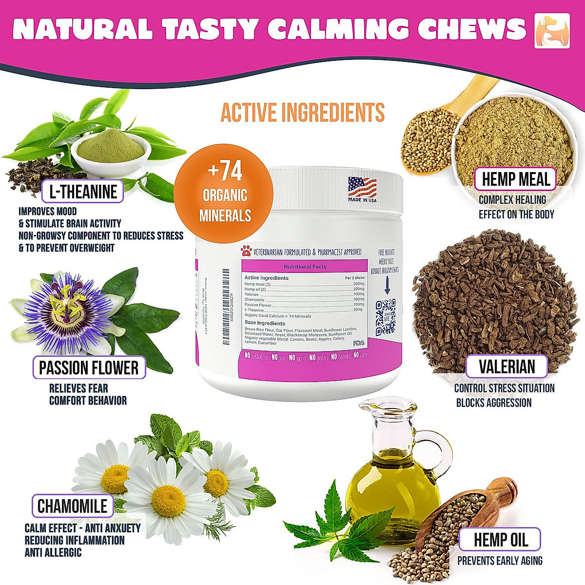 Best Natural Health Supplements for Dogs, Various Formulas & Benefits - Vet Recommended, 170 Natural Soft Chews - Smoky Bacon Flavor, Made in The USA (Hemp Calming)