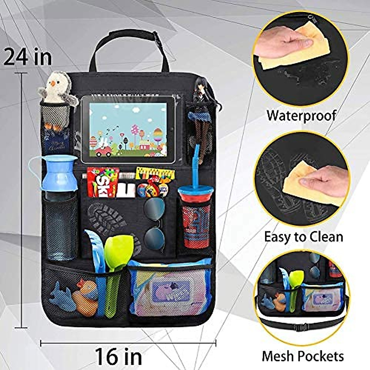 FEimaX Car Backseat Organizer Waterproof Kids Seat Back Kick Mat Protector with Touch Screen iPad Tablet Holder & 9 Storage Pockets Car Organizers for Family Trip Toy Bottle Snacks Books
