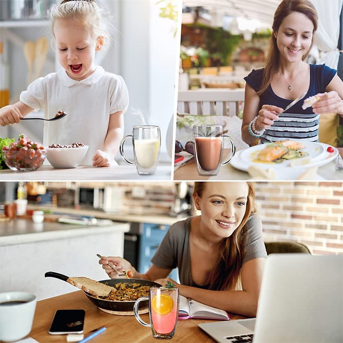 15 Oz Double Walled Glass Coffee Mugs, 2 Packs Clear Coffee Mugs with Lids Insulated Coffee Cups with Handle Perfect for Cappuccino,Tea,milk ,Espresso,Latte, Hot Beverage Set of 2 (Glass lid, 15oz)