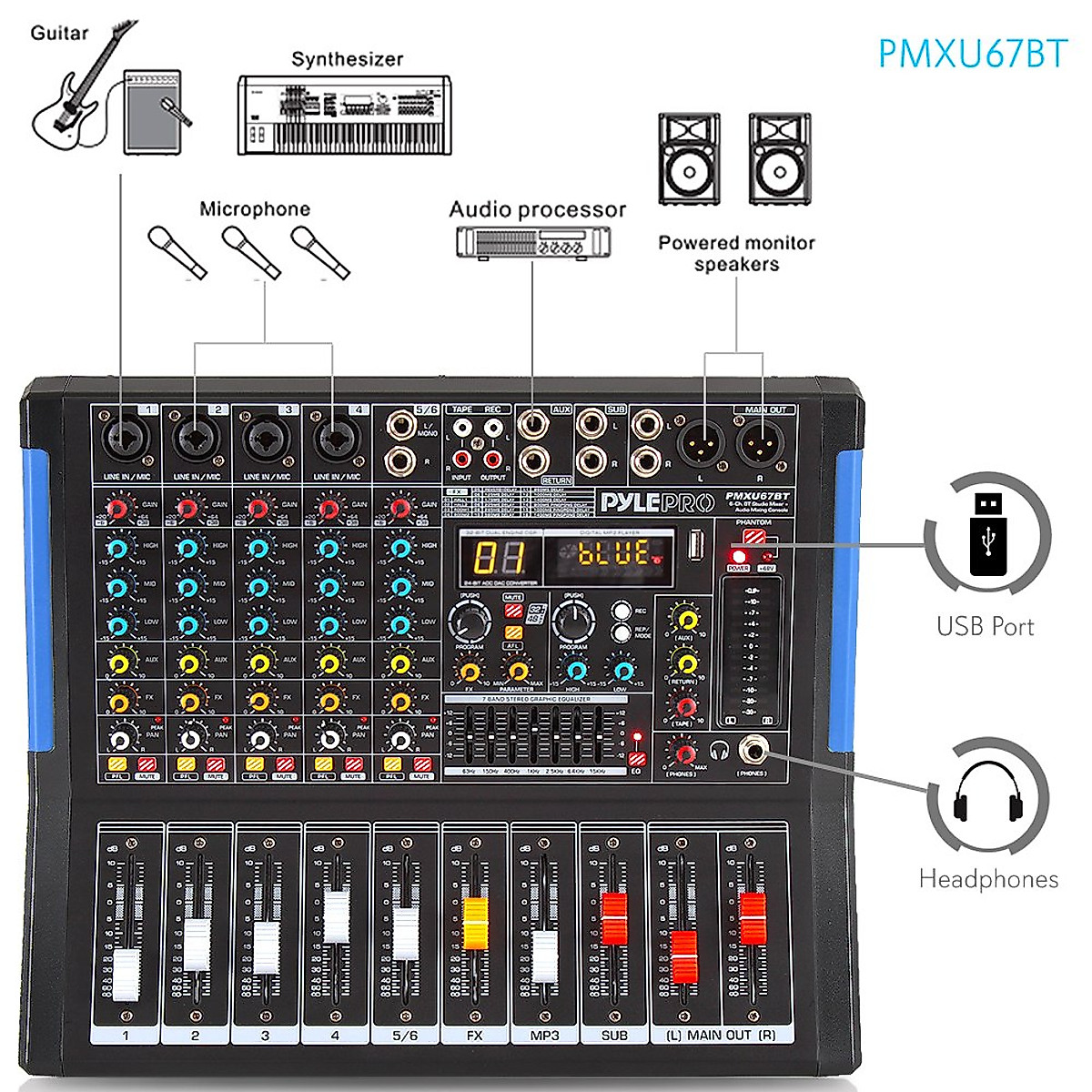 Pyle 6-Channel Bluetooth Studio Audio Mixer - DJ Sound Controller Interface with USB Drive for PC Recording Input, XLR Microphone Jack, 48V Power, I/O for Professional and Beginners - PMXU67BT