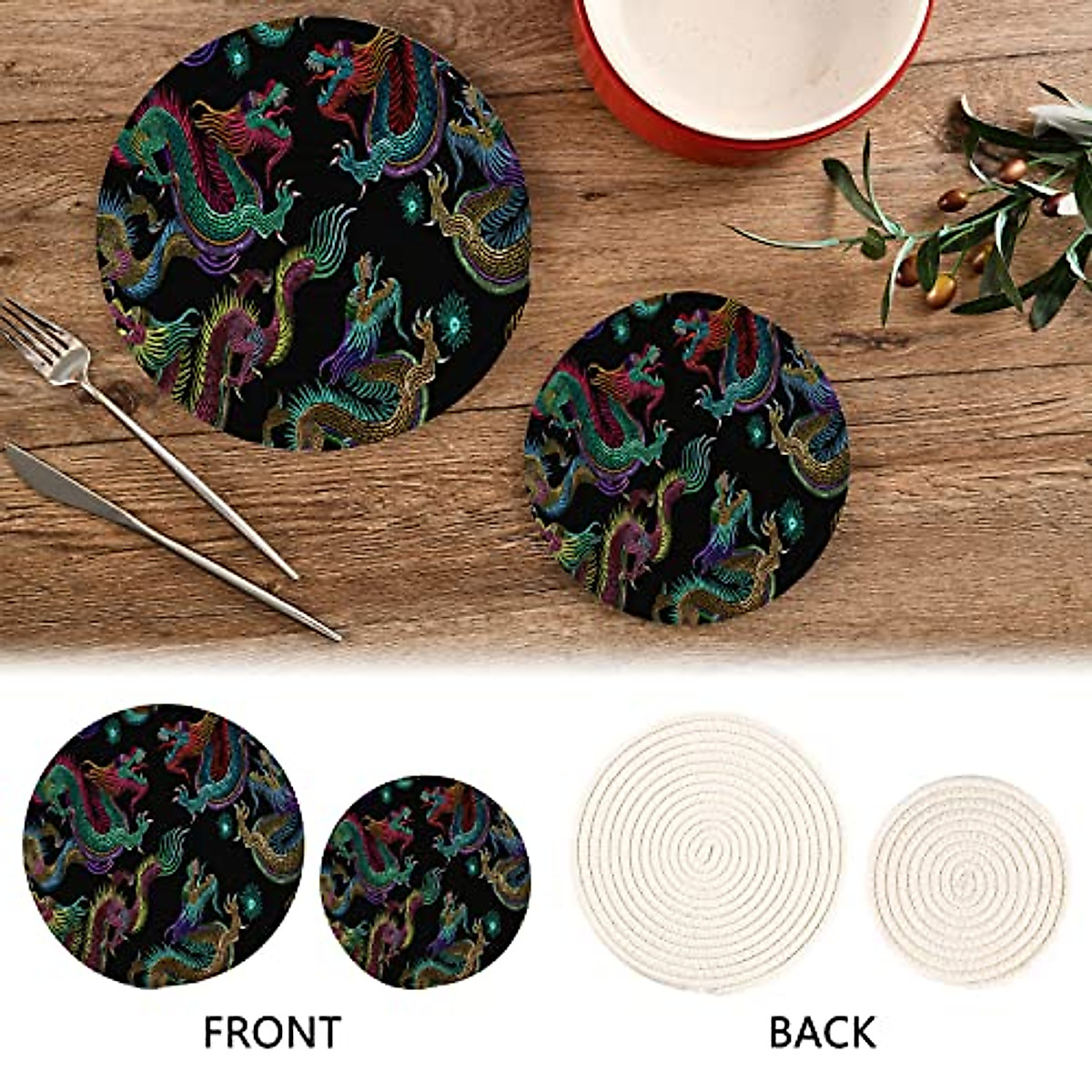 KEEPREAL Classic Embroidery Asian Dragon Trivet Pot Holder - Round Woven Potholders Set - Pure Cotton Braided Hot Pads - Coasters Table Mats for Cooking and Baking, 2-Pcs