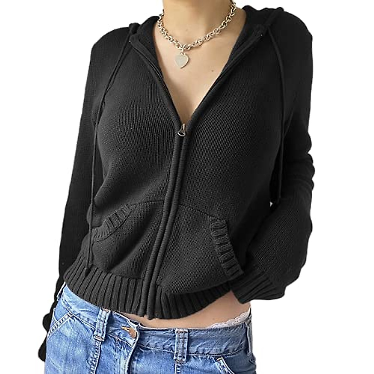 Women's Zip Up Hoodie Sweaters Y2K Long Sleeve Vintage Zipper Hooded Knit Crop Drawstring Sweatshirt Jacket (Black, M)