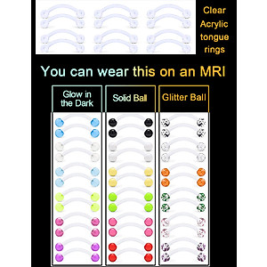 Prjndjw 14G Flexible Plastic Acrylic Piercing Jewelry, 48Pcs Curved Barbell Body Piercing for Women Men, Glow in The Dark Tongue Nipple Rings Retainer, 16mm, Hypoallergenic