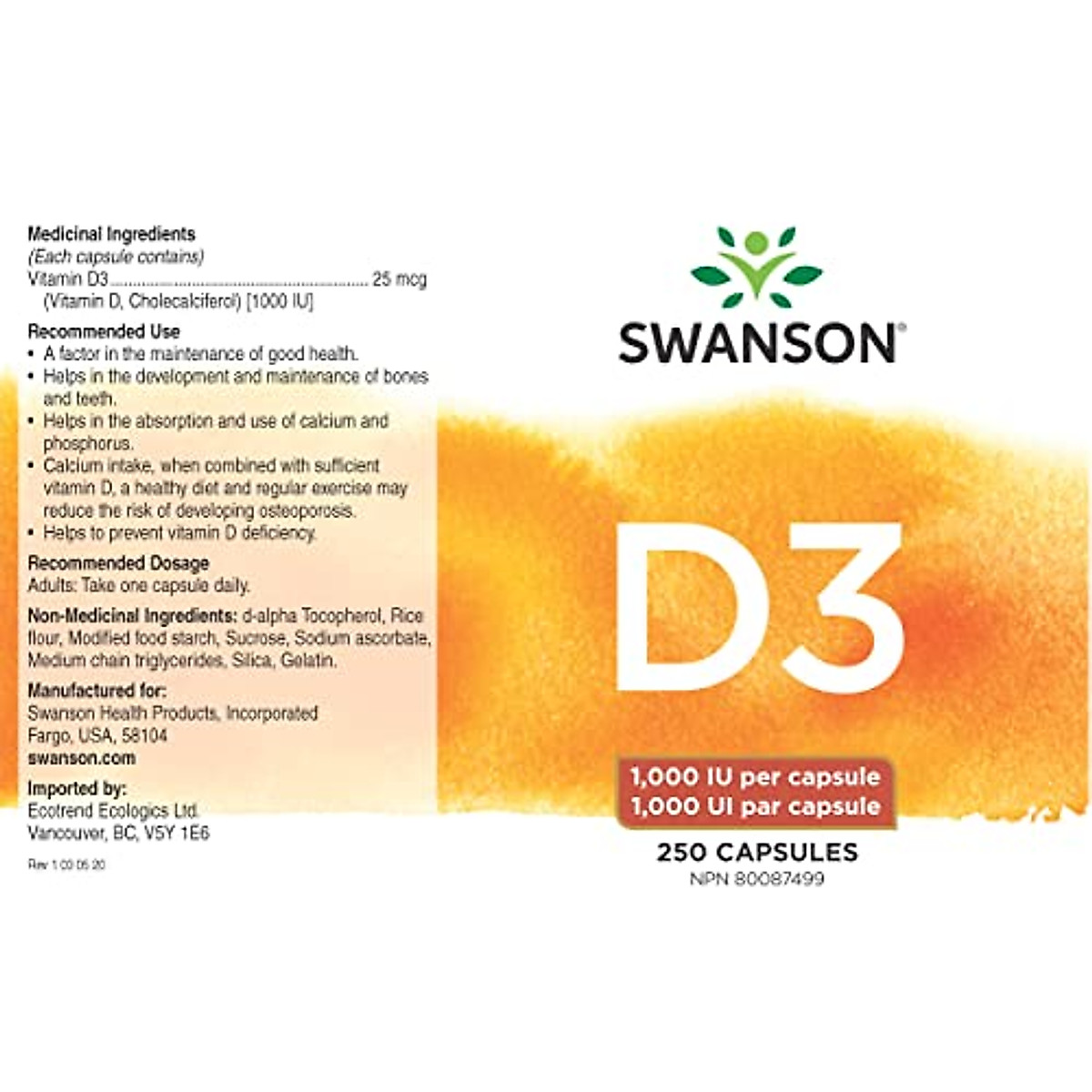 Swanson Vitamin D-3 (cholecalciferol) - High Potency - 1000 IU (25 mcg) 250 Capsules
