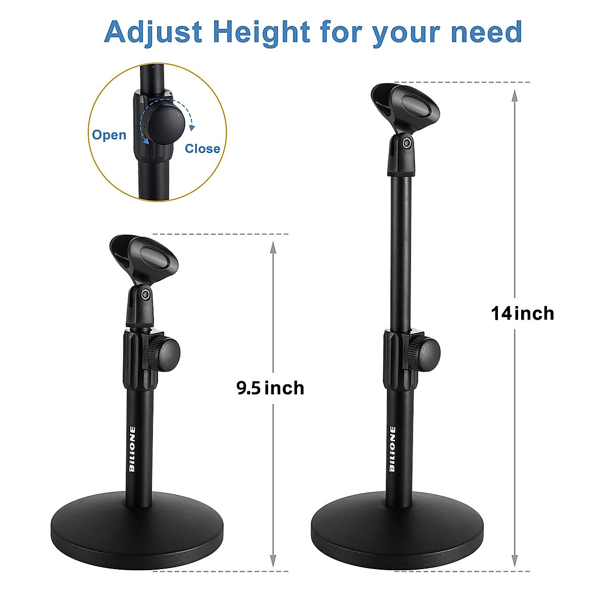 BILIONE Upgraded Desktop Microphone Stand, Adjustable Mic Stand Desk with Pop Filter, Shock Mount, Microphone Clip, 5/8" to 3/8" Metal Screw Adapter