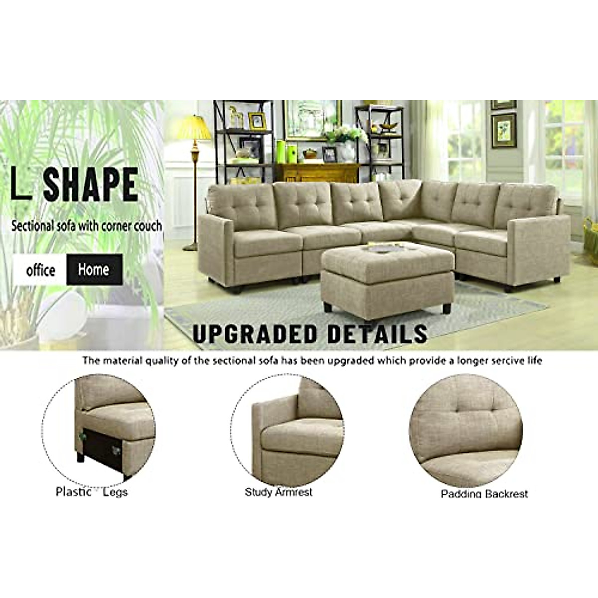 BEEY Sectional Sofa Set 6 Seats Reversible Corner Sectional with Ottoman L-Shaped Fabric Couches Modular Living Room Furniture Sets