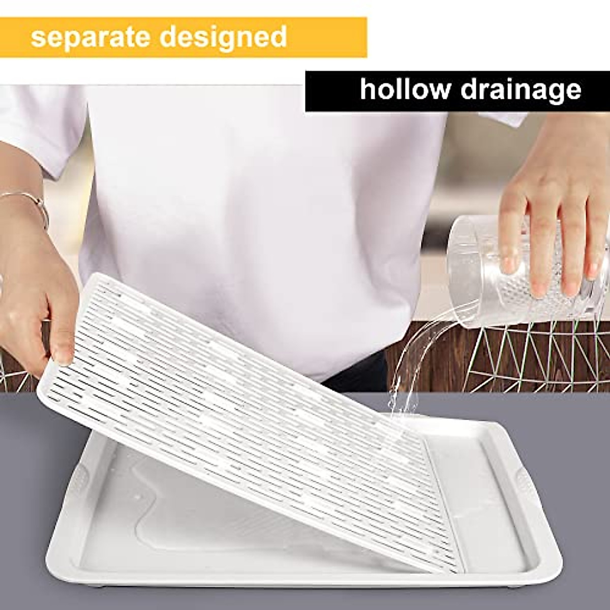 Tableware Drying Tray,Plastic drying dish, 16.2"×11"white，Draining plate，Double Layer Drain Tray, Drying dish,Dish Drying tray.Drain tray for tableware,cups,fruits,vegetables and condiments