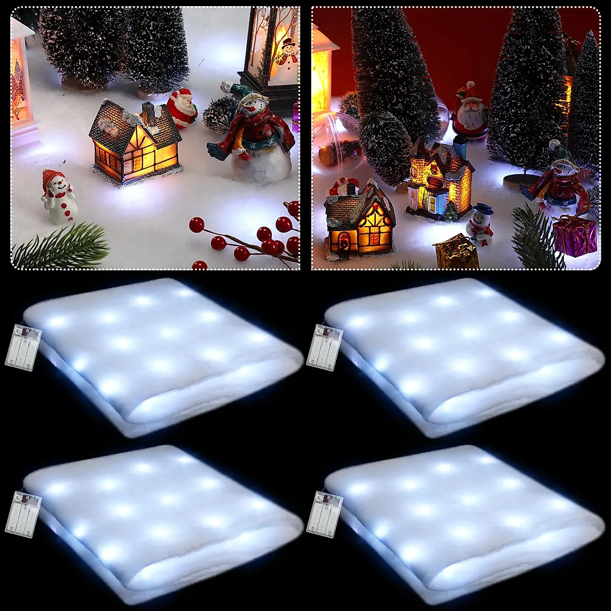Kittmip 4 Pcs Pre Lit Christmas Snow Blanket with LED Lights Holiday Lighted Table Runner Christmas Village Accessories LED Fake Snow Decoration for Village Display, 59 x 16 (White)