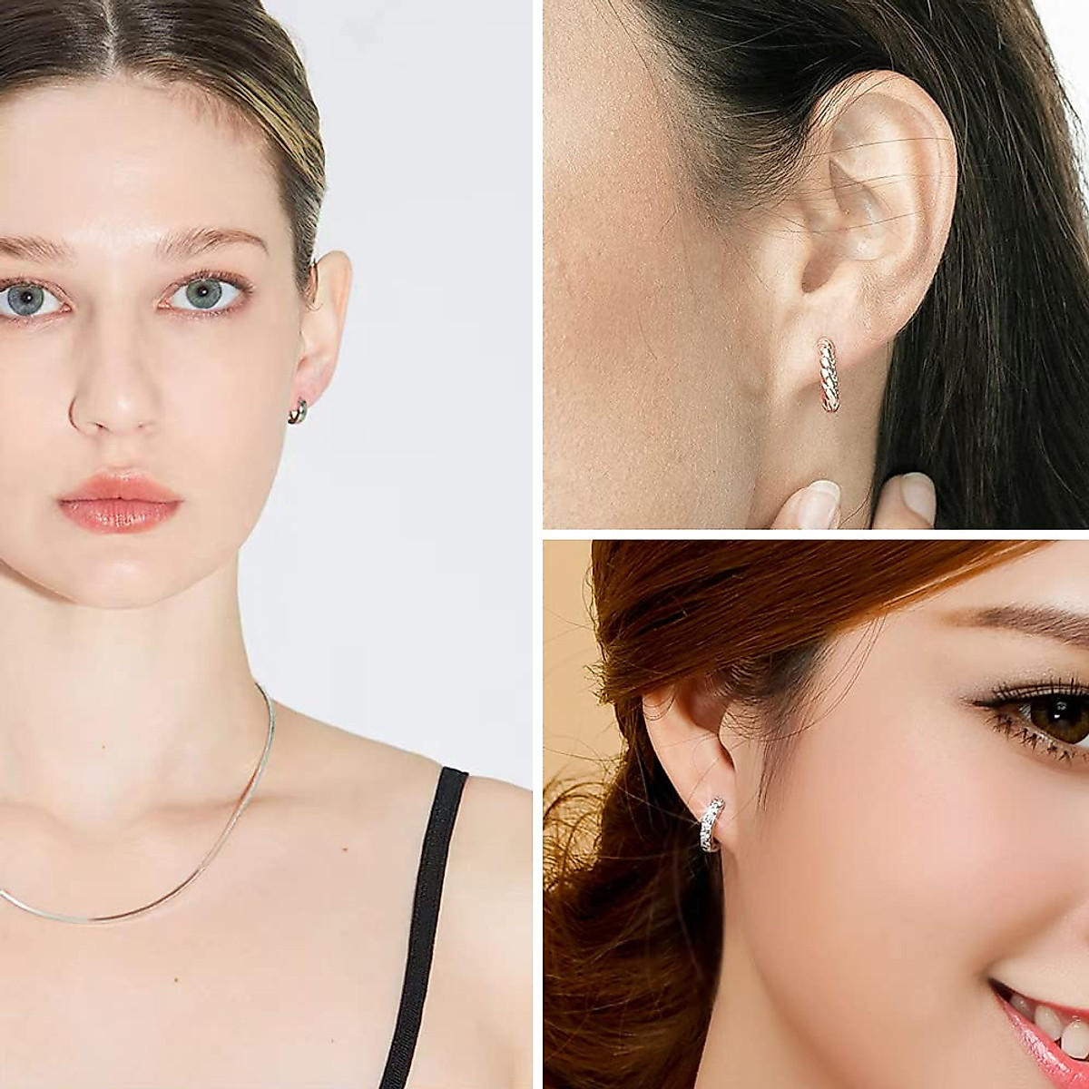 JASSEWRLY 3 Pairs 925 Sterling Silver Small Huggie Hoop Earrings for Women, Hypoallergenic Cubic Zirconia Hoops Huggie Earrings, Twisted Silver Mini Hoop Earrings Cuff Earring for Girls