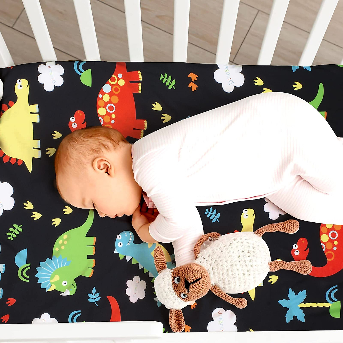 JISEN Baby Crib Sheets 2 Piece Portable Fitted Crib Sheet for Standard Crib and Toddler Mattresses Nursery Bed Decor for Boys Girls 28x52 Inch Grey/Black Dinosaurs