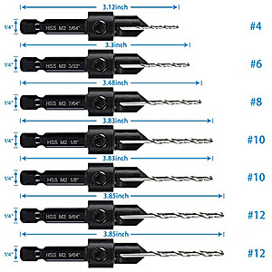 7 Pcs M2 Countersink Drill Bit Set, 3in1 Wood Pilot Countersink Drill Bits for #4#6#8#10#12 Screws Holes, with Adjustable Depth Stop,Quick Release Hex Shank, 2-Allen Wrench