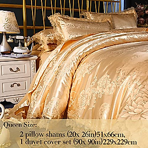 PYCLIFE Queen Duvet Cover,Luxury Bedding,Lace 3-Piece Duvet Covers,Jacquard Bedding Sets (Gold, Queen)
