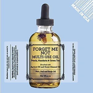 Multi-Use Oil for Face, Body and Hair - Forget Me Not - Organic Blend of Apricot, Vitamin E and Sweet Almond Oil Moisturizer for Dry Skin, Scalp and Nails - Peach, Mandarin and Green Tea - 4 Fl Oz