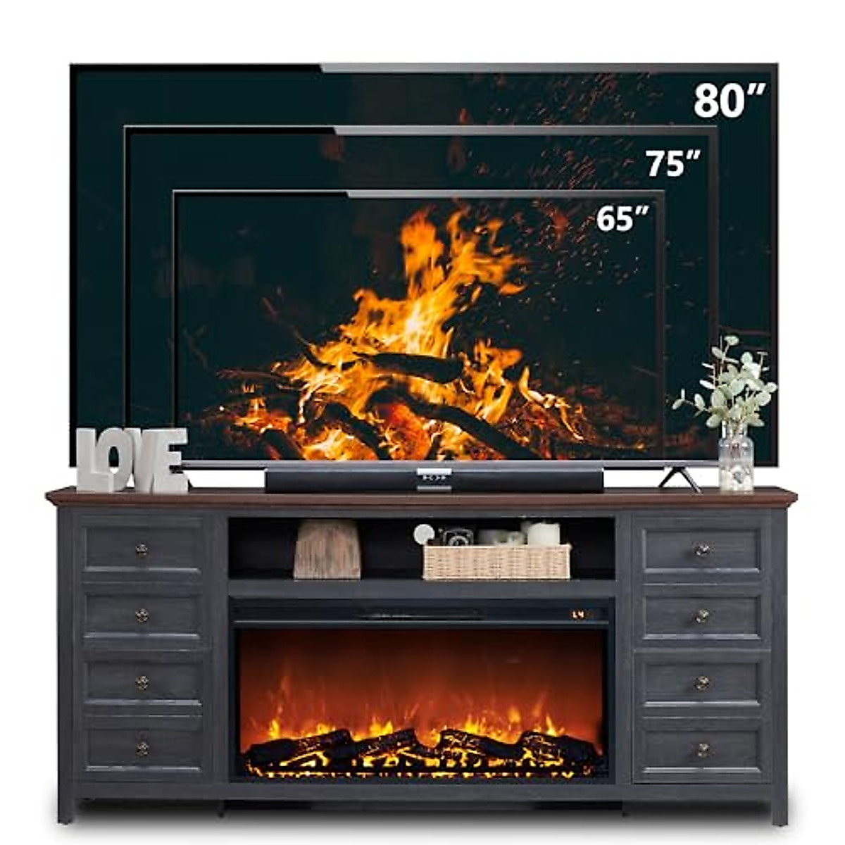 SinCiDo Fireplace TV Stand for TVs up to 80 Inches, Farmhouse Entertainment Center w/36 Electric Fireplace & 4 Faux Double Drawers, Large Media Console Cabinet for Living Room, 70 Inch, Dark Grey