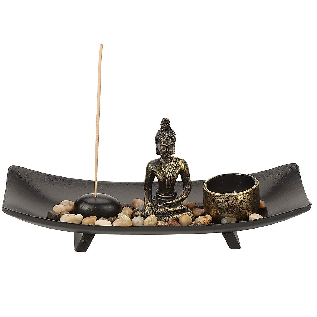 Buddha Statue Zen Garden Buddha Statue Tabletop Buddhism Feng Shui Ornament with Bronze Tealight Candle & Incense Burner Holder for Home Office Yoga Room Decoration